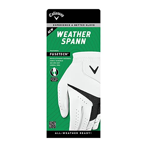 Callaway Golf Weather Spann Premium Synthetic Golf Glove (White, Single, Standard, Medium-Large, Worn on Left Hand)