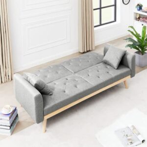 AWQM Convertible Sofa Bed, Fabric Linen Folding Futon Sofa Bed,Upholstered Loveseat Futon Couch Bed,Adjustable Couch Sleeper w/Wood Legs,Pull Out Couch for Small Space, Living Room,Office,Light Grey