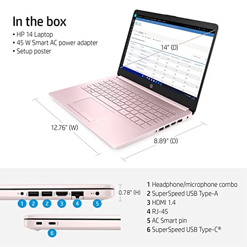 HP Premium 14-inch HD Thin and Light Laptop, Intel Dual-Core Processor, 8GB RAM, 64GB Storage, Long Battery Life, Webcam, Bluetooth, HDMI, Wi-Fi, Pink, Windows 11 + 1 Year Microsoft 365