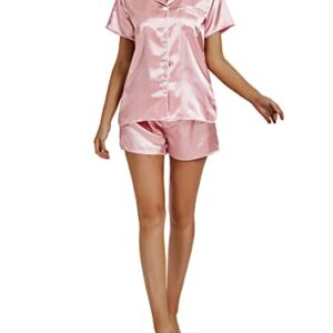 Vrtige Women's Satin Pajamas Set Short Sleeve Button Down Shirt With Shorts PJs Set Loungewear Baby Pink Medium