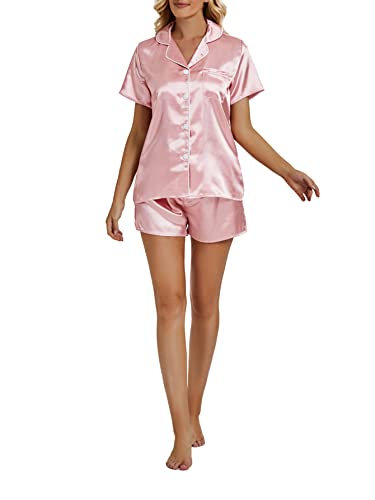 Vrtige Women's Satin Pajamas Set Short Sleeve Button Down Shirt With Shorts PJs Set Loungewear Baby Pink Medium