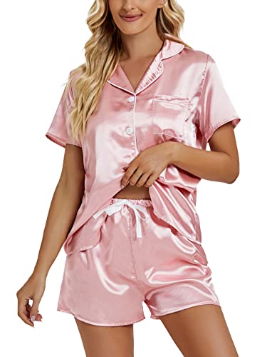 Vrtige Women's Satin Pajamas Set Short Sleeve Button Down Shirt With Shorts PJs Set Loungewear Baby Pink Medium