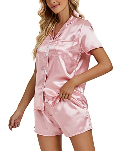 Vrtige Women's Satin Pajamas Set Short Sleeve Button Down Shirt With Shorts PJs Set Loungewear Baby Pink Medium