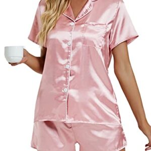 Vrtige Women's Satin Pajamas Set Short Sleeve Button Down Shirt With Shorts PJs Set Loungewear Baby Pink Medium