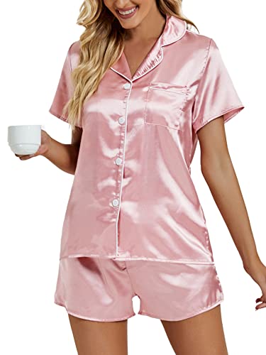 Vrtige Women's Satin Pajamas Set Short Sleeve Button Down Shirt With Shorts PJs Set Loungewear Baby Pink Medium