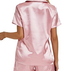 Vrtige Women's Satin Pajamas Set Short Sleeve Button Down Shirt With Shorts PJs Set Loungewear Baby Pink Medium