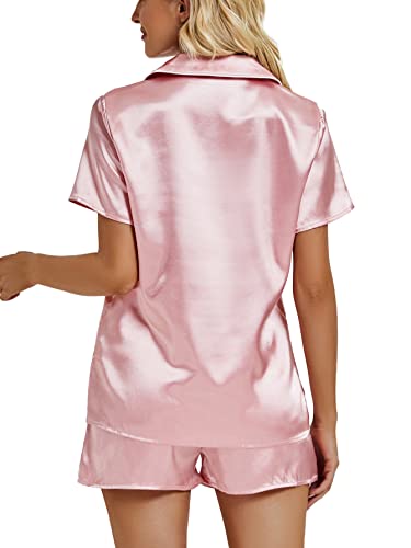 Vrtige Women's Satin Pajamas Set Short Sleeve Button Down Shirt With Shorts PJs Set Loungewear Baby Pink Medium