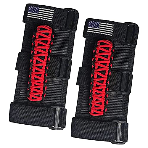 Miytsya 2 Pack Roll Bar Grab Handles Grip Handle, for Jeep Wrangler YJ TJ JK JL & Gladiator JT 1955-2022 UTV ATV, 10.2In x 5.1In 3 Straps Fixed American Flag Pattern Car Roof Handles Strap (Red)