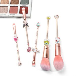 Marie Cartoon Cat Makeup Brushes - 5pcs Cute Animal Designed Soft Pink Makeup Brushes Set, Professional Cosmetic Tool Kit Pink Drawstring Bag Included for Girls and Women (A)