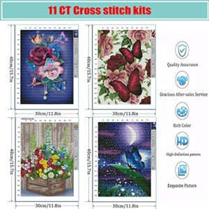 4 Pack Stamped Cross Stitch Kits - Counted Cross Stitch Kits for Beginners Adults Needlepoint Flowers Cross-Stitch Patterns Dimensions Needlecrafts Embroidery Kits Arts and Crafts(12X16inch)