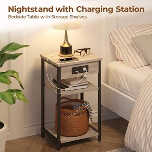 Rolanstar End Table with Charging Station, Set of 2 Small Nightstand with Storage Shelf, 3 Tier Slim Side Table with USB Ports & Outlets, Sofa Bedside Table for Bedroom, Living Room, Greige