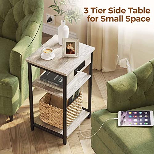 Rolanstar End Table with Charging Station, Set of 2 Small Nightstand with Storage Shelf, 3 Tier Slim Side Table with USB Ports & Outlets, Sofa Bedside Table for Bedroom, Living Room, Greige