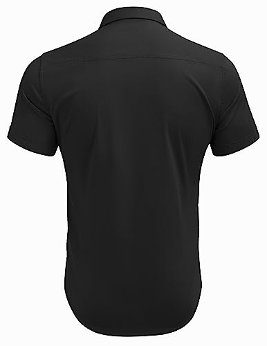 COOFANDY Mens Shirt Muscle Fit Dress Slim Fit Cotton Casual Button Down with Pocket, 01-Black, Large, Short Sleeve