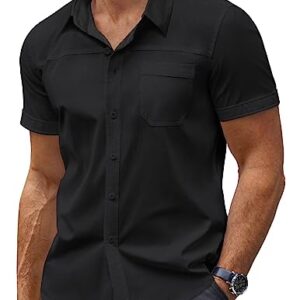 COOFANDY Mens Shirt Muscle Fit Dress Slim Fit Cotton Casual Button Down with Pocket, 01-Black, Large, Short Sleeve