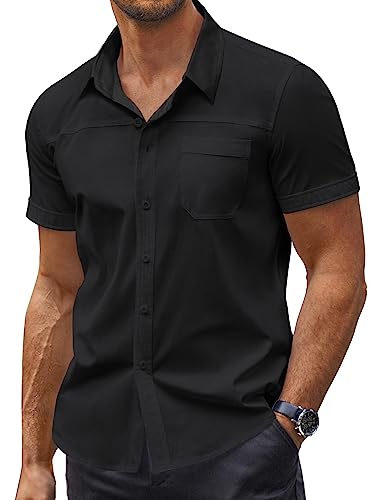 COOFANDY Mens Shirt Muscle Fit Dress Slim Fit Cotton Casual Button Down with Pocket, 01-Black, Large, Short Sleeve