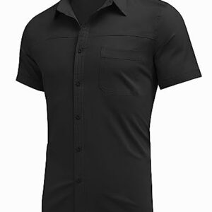 COOFANDY Mens Shirt Muscle Fit Dress Slim Fit Cotton Casual Button Down with Pocket, 01-Black, Large, Short Sleeve