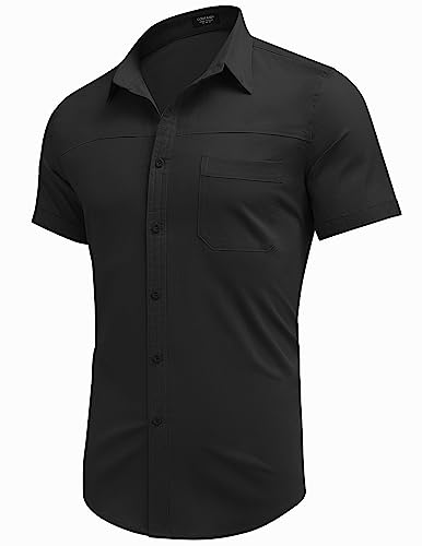 COOFANDY Mens Shirt Muscle Fit Dress Slim Fit Cotton Casual Button Down with Pocket, 01-Black, Large, Short Sleeve