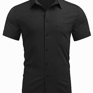 COOFANDY Mens Shirt Muscle Fit Dress Slim Fit Cotton Casual Button Down with Pocket, 01-Black, Large, Short Sleeve