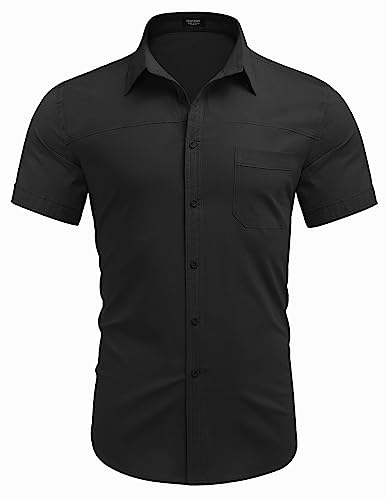 COOFANDY Mens Shirt Muscle Fit Dress Slim Fit Cotton Casual Button Down with Pocket, 01-Black, Large, Short Sleeve