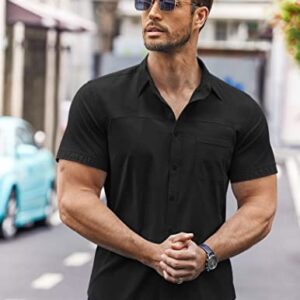 COOFANDY Mens Shirt Muscle Fit Dress Slim Fit Cotton Casual Button Down with Pocket, 01-Black, Large, Short Sleeve