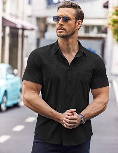 COOFANDY Mens Shirt Muscle Fit Dress Slim Fit Cotton Casual Button Down with Pocket, 01-Black, Large, Short Sleeve