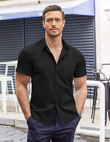 COOFANDY Mens Shirt Muscle Fit Dress Slim Fit Cotton Casual Button Down with Pocket, 01-Black, Large, Short Sleeve