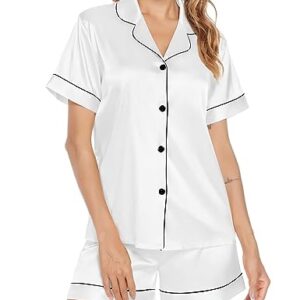 SWOMOG Women Satin Pajamas Sets Soft Button-Down Silk Sleepwear Two-Piece PJs Sets Loungewear White