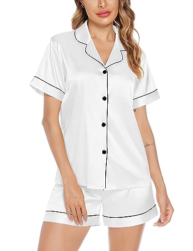 SWOMOG Women Satin Pajamas Sets Soft Button-Down Silk Sleepwear Two-Piece PJs Sets Loungewear White