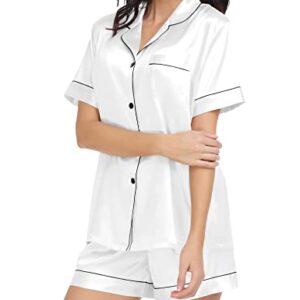 SWOMOG Women Satin Pajamas Sets Soft Button-Down Silk Sleepwear Two-Piece PJs Sets Loungewear White