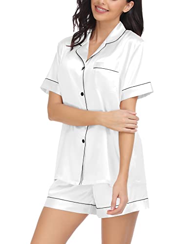 SWOMOG Women Satin Pajamas Sets Soft Button-Down Silk Sleepwear Two-Piece PJs Sets Loungewear White