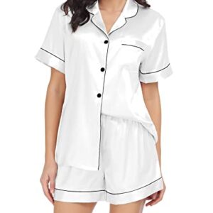 SWOMOG Women Satin Pajamas Sets Soft Button-Down Silk Sleepwear Two-Piece PJs Sets Loungewear White