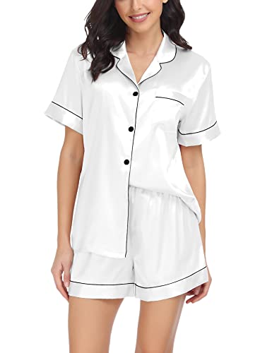 SWOMOG Women Satin Pajamas Sets Soft Button-Down Silk Sleepwear Two-Piece PJs Sets Loungewear White