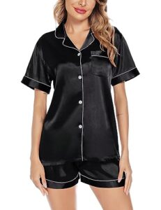 swomog woman silk pajamas sets button-down satin loungewear sleepwear 2 pieces pjs sets cute bridemide mightwear black