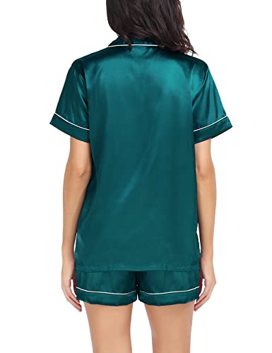 SWOMOG Woman Silk Pajamas Sets Button-Down Satin Loungewear Sleepwear 2 Pieces PJs Sets Cute Bridemide Mightwear Green