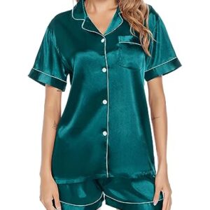 SWOMOG Woman Silk Pajamas Sets Button-Down Satin Loungewear Sleepwear 2 Pieces PJs Sets Cute Bridemide Mightwear Green