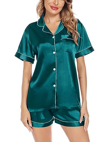 SWOMOG Woman Silk Pajamas Sets Button-Down Satin Loungewear Sleepwear 2 Pieces PJs Sets Cute Bridemide Mightwear Green