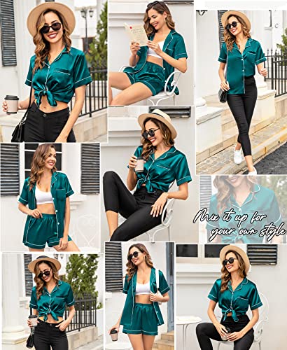 SWOMOG Woman Silk Pajamas Sets Button-Down Satin Loungewear Sleepwear 2 Pieces PJs Sets Cute Bridemide Mightwear Green