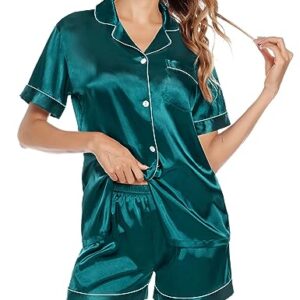 SWOMOG Woman Silk Pajamas Sets Button-Down Satin Loungewear Sleepwear 2 Pieces PJs Sets Cute Bridemide Mightwear Green