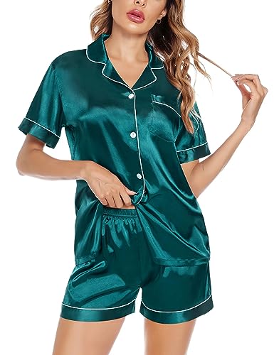 SWOMOG Woman Silk Pajamas Sets Button-Down Satin Loungewear Sleepwear 2 Pieces PJs Sets Cute Bridemide Mightwear Green