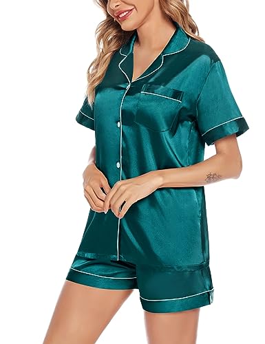 SWOMOG Woman Silk Pajamas Sets Button-Down Satin Loungewear Sleepwear 2 Pieces PJs Sets Cute Bridemide Mightwear Green