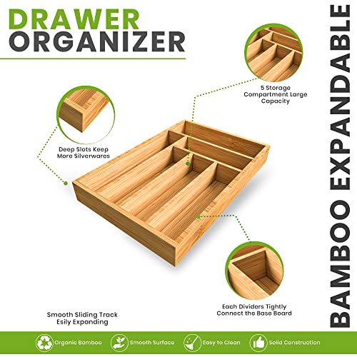 Utopia Kitchen Bamboo Silverware Organizer- 6 Compartments - Bamboo Drawer Organizer 16 x 12 x 2.36 Inches - Bamboo Hardware Organizer (Natural)