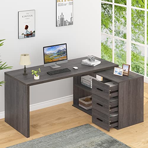 HSH L Shaped Desk with Drawers, L Shape Computer Desk with Storage Cabinet Shelves, Reversible Modern Industrial Home Office Corner Desk, Rustic Wood Executive Writing Gaming Study Table, Gray 55 Inch