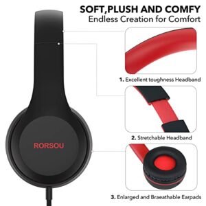 RORSOU K5 Kids Headphones with Microphone for shchool, Volume Limiter 85/94dB, Foldable Stereo Tangle-Free 3.5mm Jack Wired Cord On-Ear Headphones for Children/Boys/Girls/Kindle/Tablet/MP3/4 (Black)