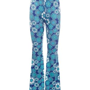 WDIRARA Women's Elastic High Waist Allover Print Floral Bell Bottom Flare Leg Long Pants Blue and White S