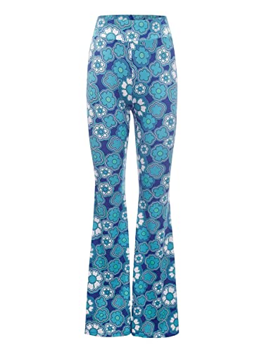 WDIRARA Women's Elastic High Waist Allover Print Floral Bell Bottom Flare Leg Long Pants Blue and White S