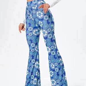 WDIRARA Women's Elastic High Waist Allover Print Floral Bell Bottom Flare Leg Long Pants Blue and White S