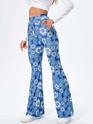 WDIRARA Women's Elastic High Waist Allover Print Floral Bell Bottom Flare Leg Long Pants Blue and White S