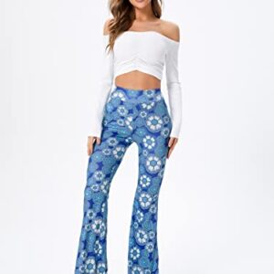 WDIRARA Women's Elastic High Waist Allover Print Floral Bell Bottom Flare Leg Long Pants Blue and White S