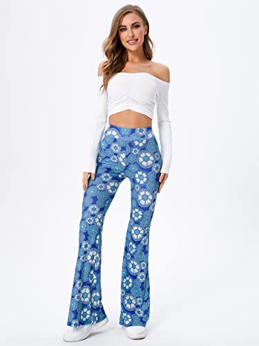 WDIRARA Women's Elastic High Waist Allover Print Floral Bell Bottom Flare Leg Long Pants Blue and White S