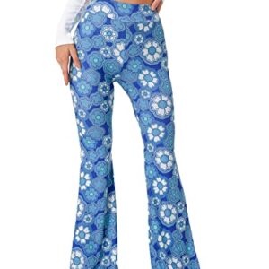 WDIRARA Women's Elastic High Waist Allover Print Floral Bell Bottom Flare Leg Long Pants Blue and White S